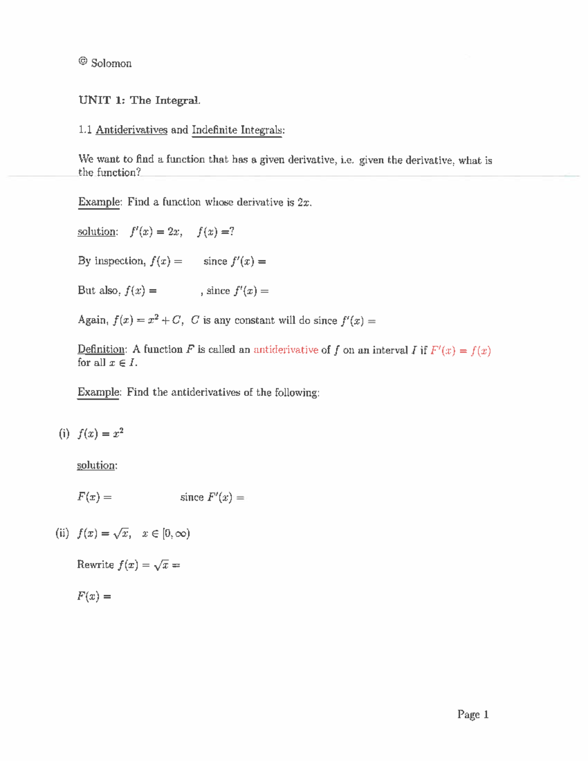 Unit 1: The Integral - Math 1001 - Studocu