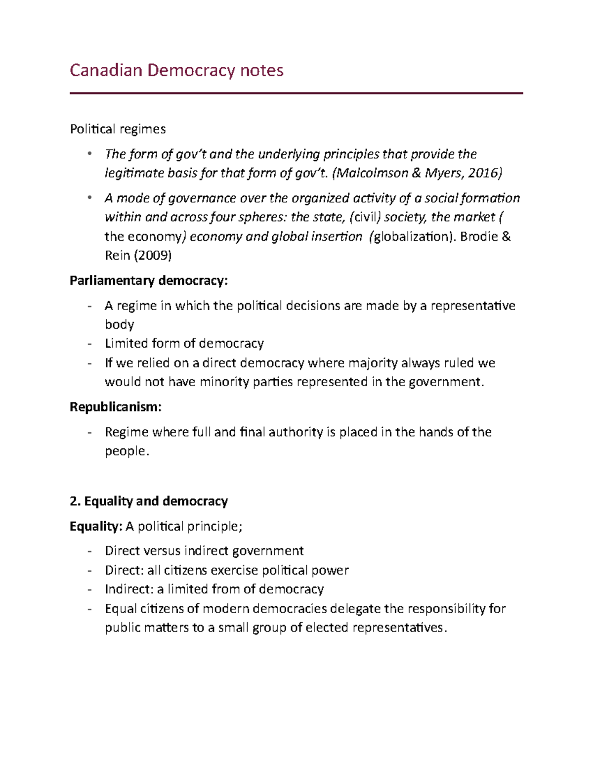 Canadian Democracy notes - Canadian Democracy notes Political regimes ...