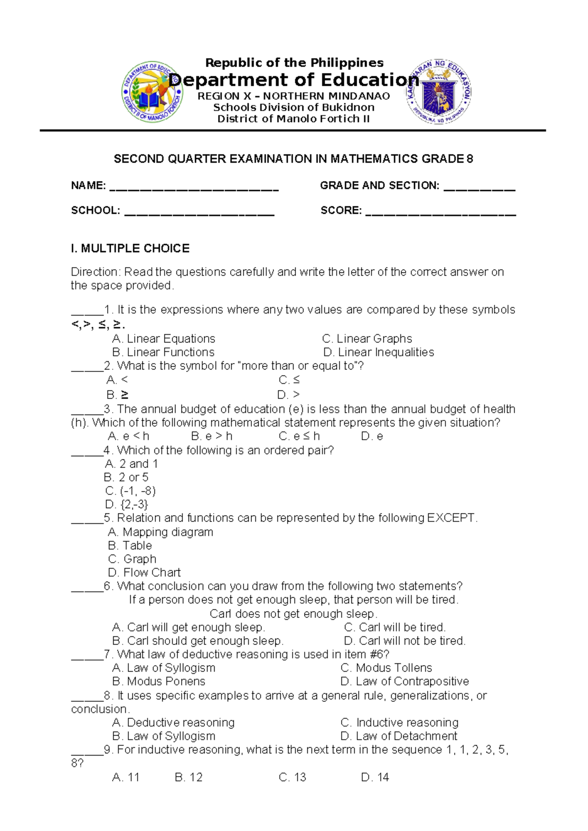 mathematics 8- Republic of the Philippines Department of Education ...