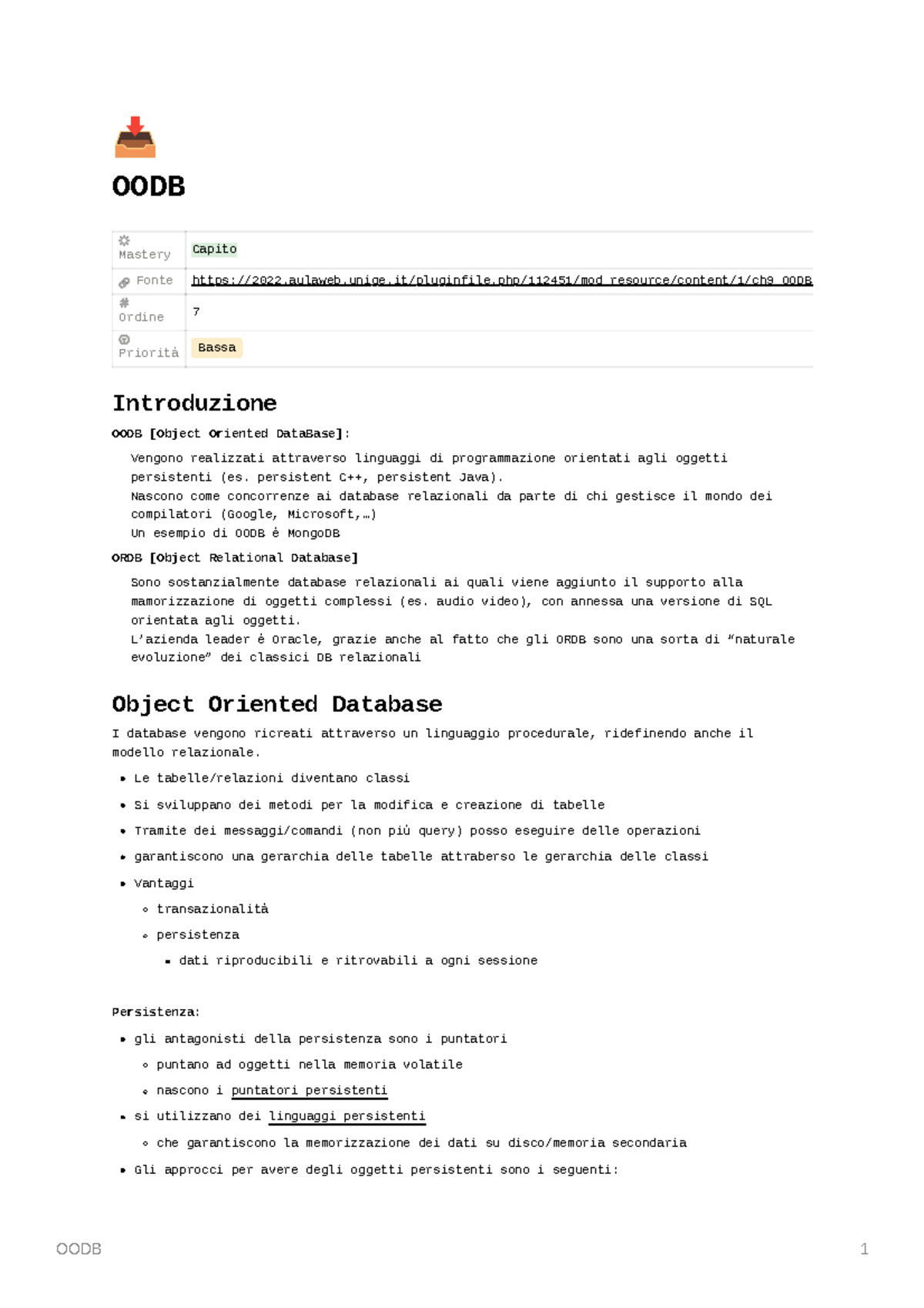 Object Oriented Databases - OODB 1 Ó OODB Mastery Capito Fonte - Studocu