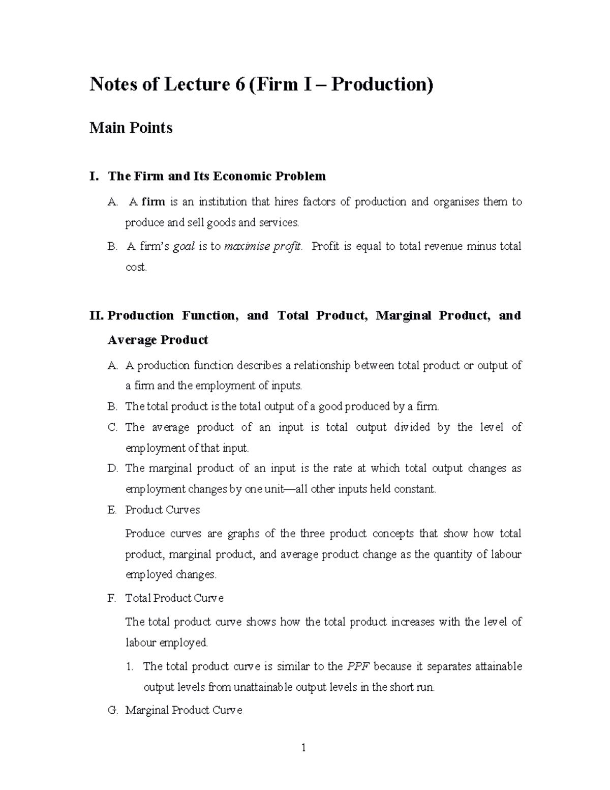 Notes of Lecture 6 - 111 - Notes of Lecture 6 (Firm I – Production ...