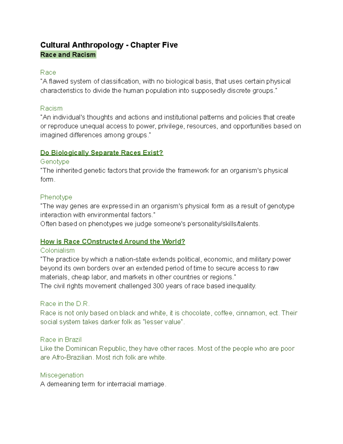 Cultural Anthropology - Chapter Five - ” Racism “An individual's ...