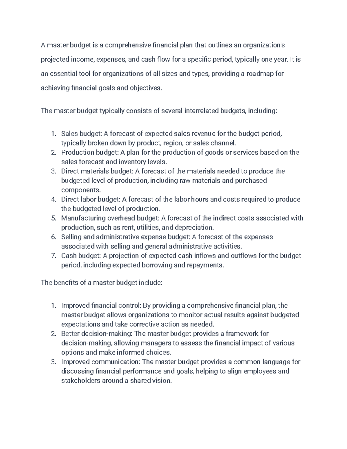 Master budget notes - A master budget is a comprehensive financial plan ...