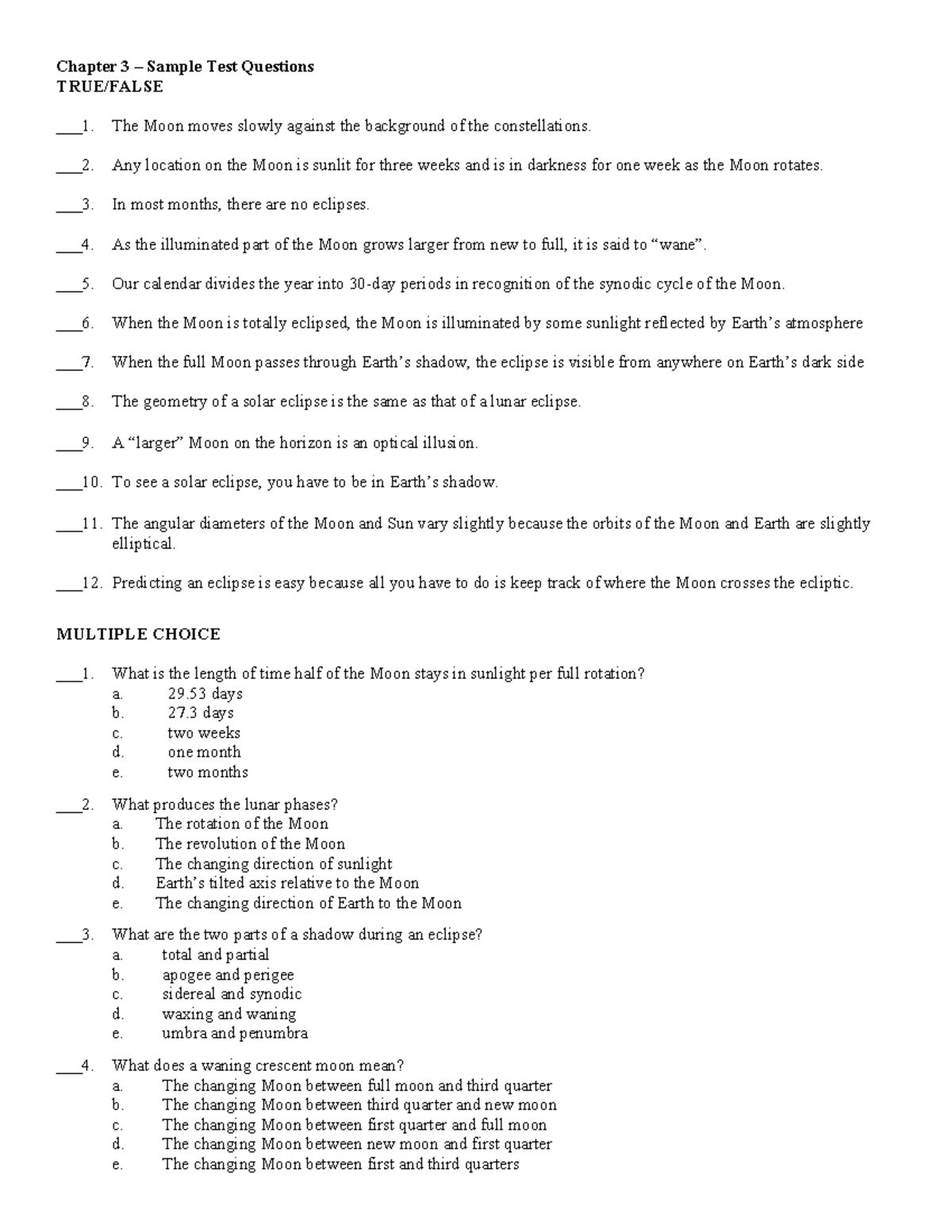 Chapter 3 – Moon Phases and Eclipses - Sample Test Questions - Chapter ...