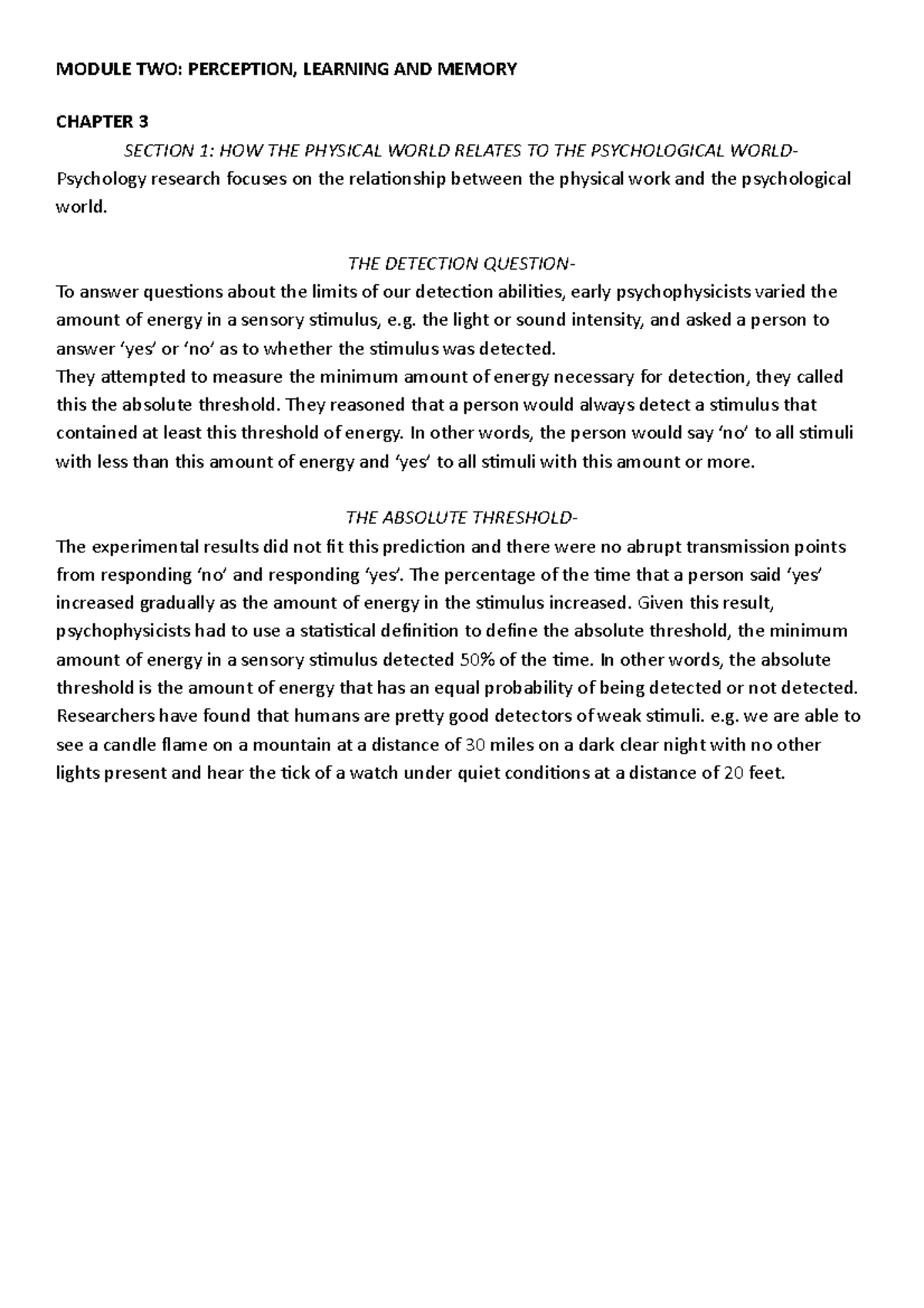 Module TWO Summaries - MODULE TWO: PERCEPTION, LEARNING AND MEMORY ...