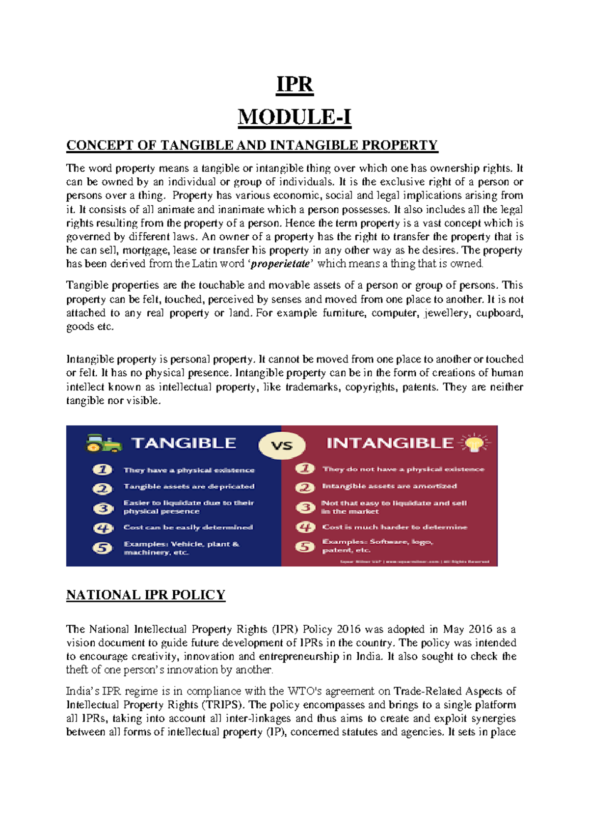 IPR EXAM Notes Ready - IPR MODULE-I CONCEPT OF TANGIBLE AND INTANGIBLE ...