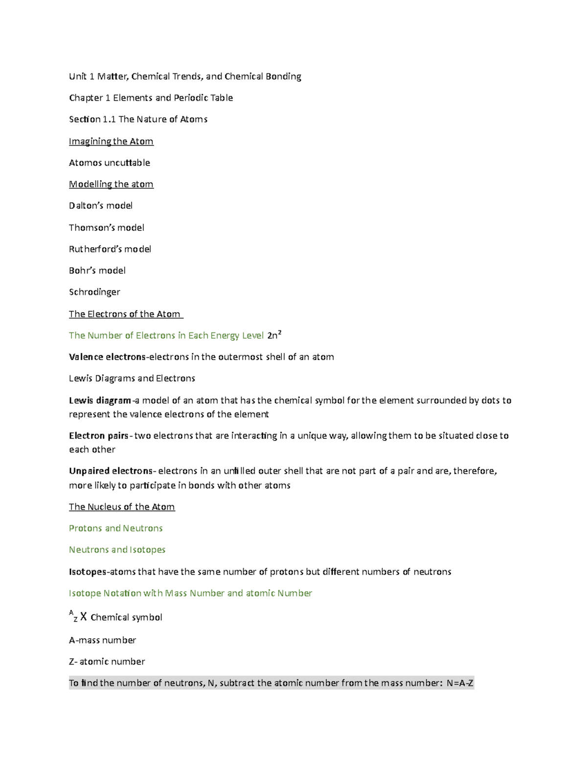 Sch3u-ch 1 - chapter notes - Unit 1 Mater, Chemical Trends, and ...