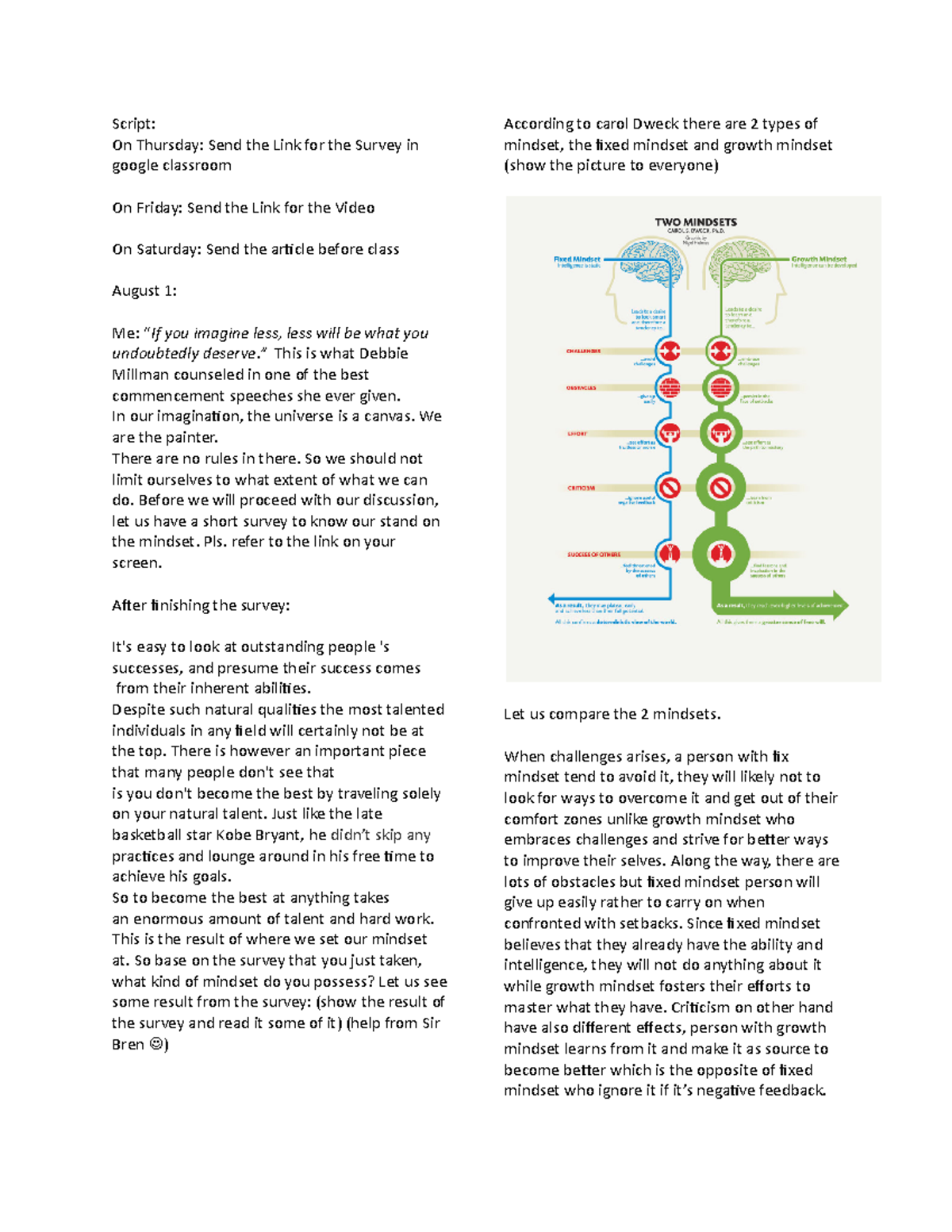 Fixed and growth mindset - Script: On Thursday: Send the Link for the ...