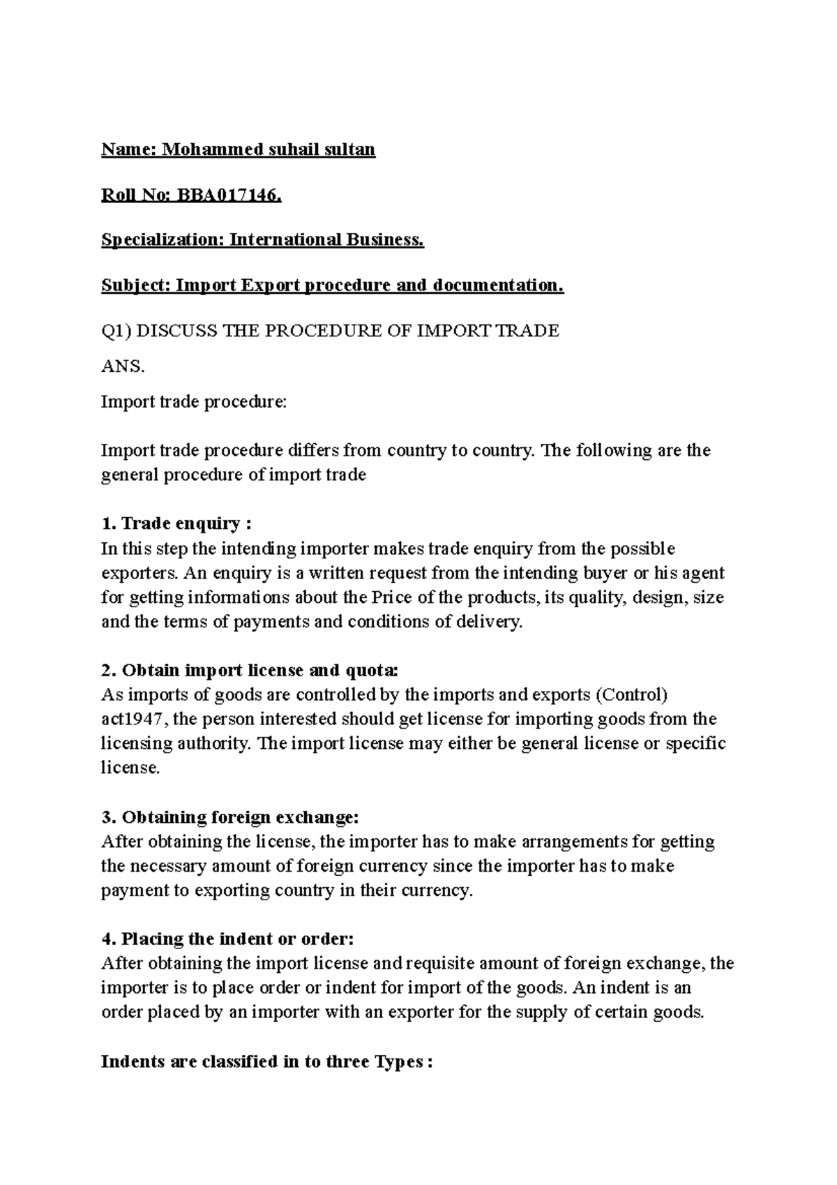 import export notes - Name: Mohammed suhail sultan Roll No: BBA017146 ...
