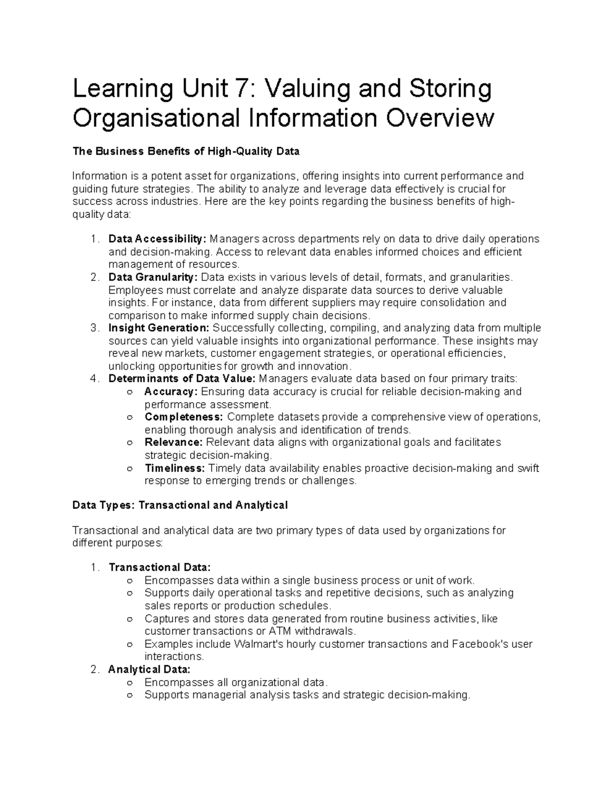 Learning Unit 7 Valuing and Storing Organisational Information Overview - The ability to analyze ...