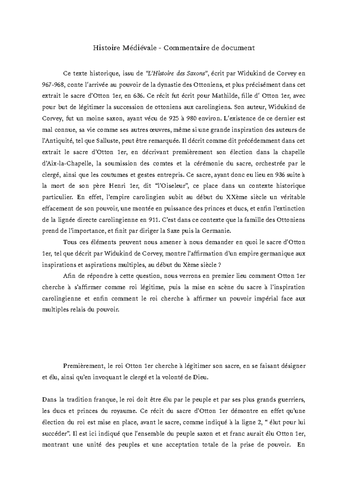 Partiel médiéval L1 - Histoire Médiévale - Commentaire de document Ce texte historique, issu de ...