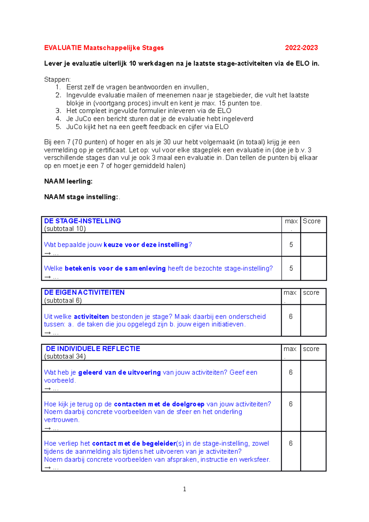 2223 format evaluatie formulier - EVALUATIE Maatschappelijke Stages ...