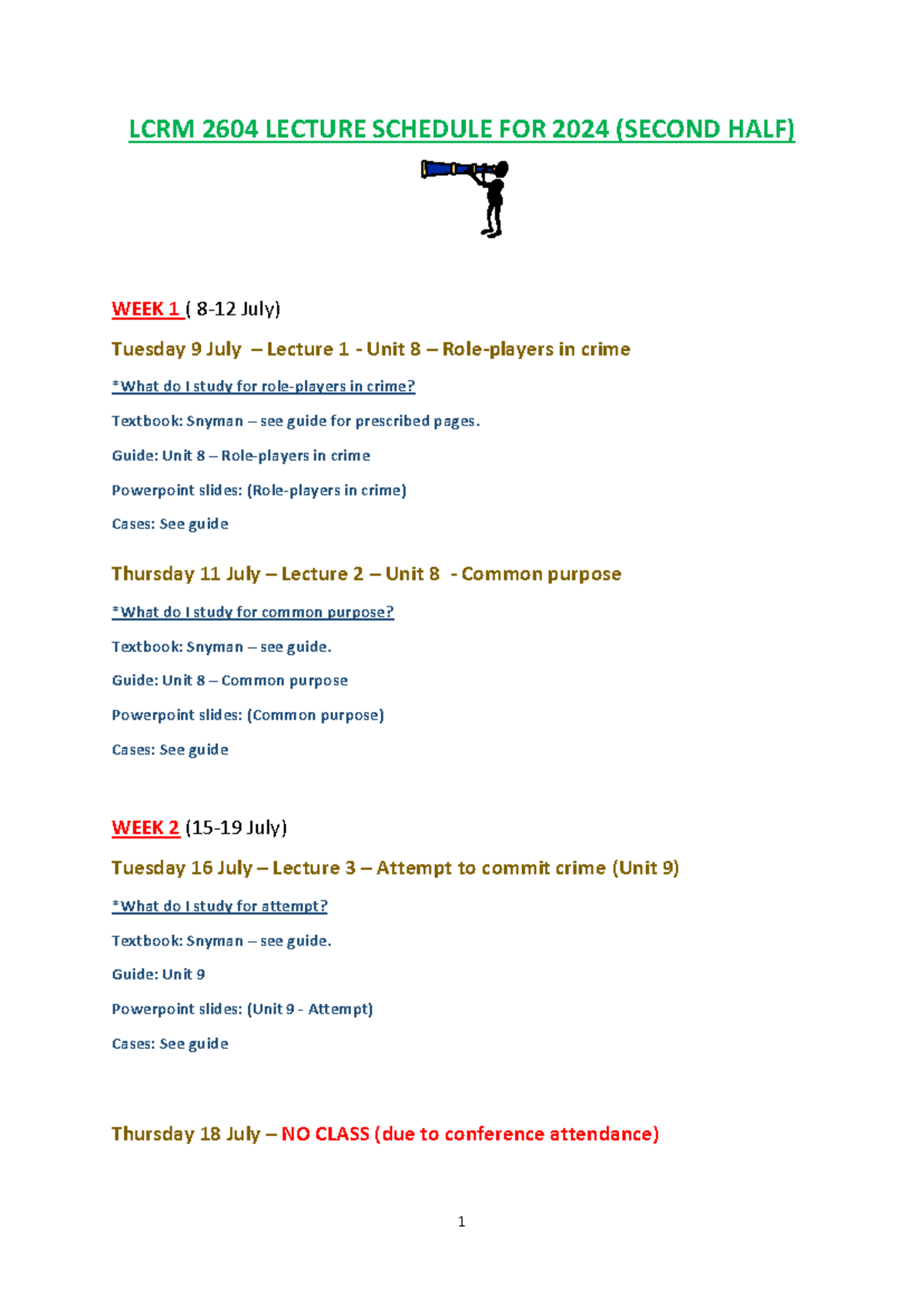 Criminal law Road map for second semester - LCRM 2604 LECTURE SCHEDULE ...