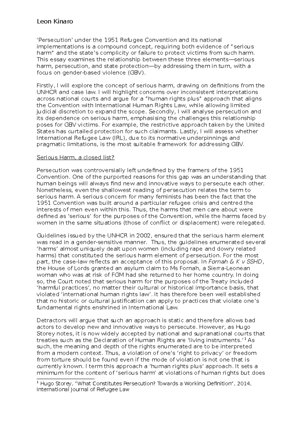 GBV in Refugee Law Essay - ‘Persecution’ under the 1951 Refugee ...