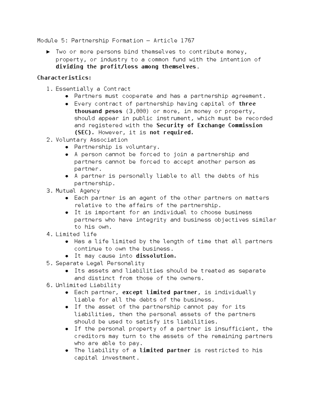 Module 5 - Partnership formation - Characteristics: Essentially a ...