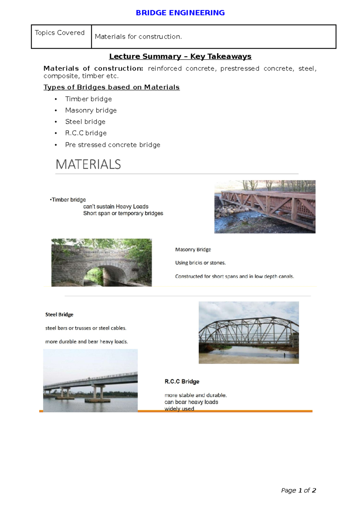 Materials for construction - BRIDGE ENGINEERING Topics Covered Materials for construction ...