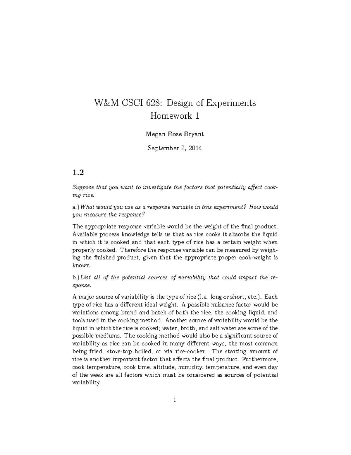Megan bryant hw1 - hibkbcaJcbakh - W&M CSCI 628: Design of Experiments Homework 1 Megan Rose ...