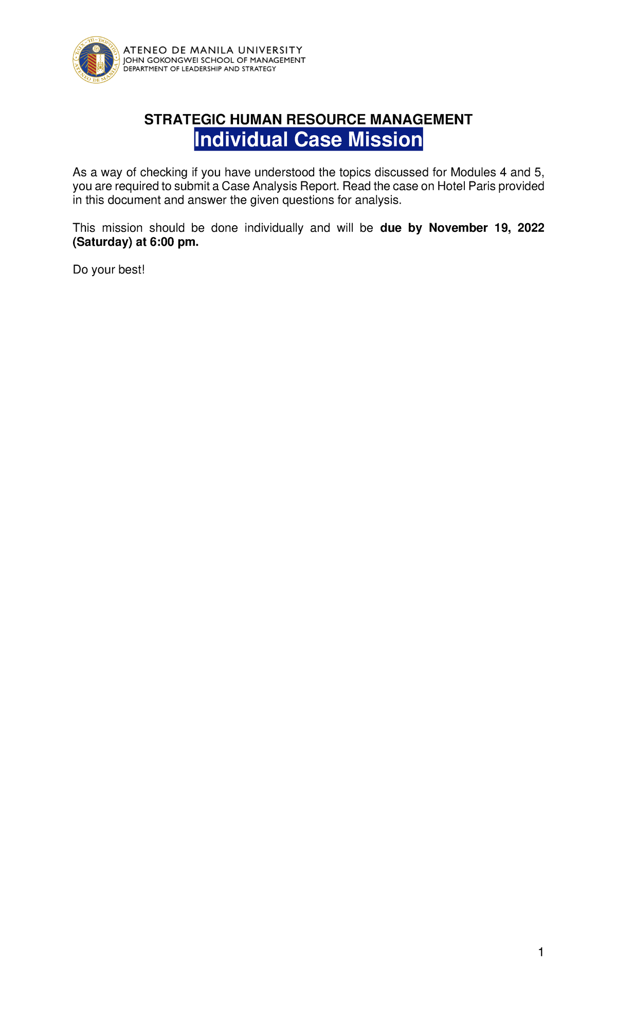 LAS111 Individual Case Study - Hotel Paris - 1 STRATEGIC HUMAN RESOURCE ...