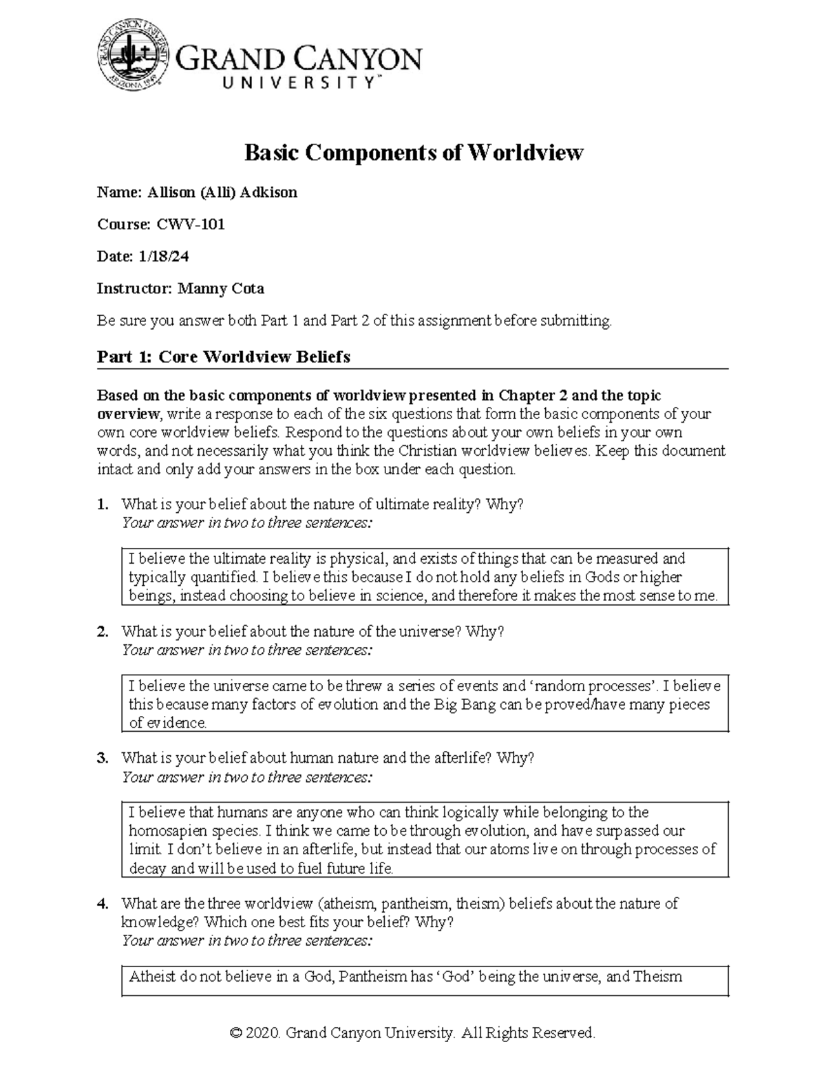 Coponents of Christian Worldview - Basic Components of Worldview Name ...