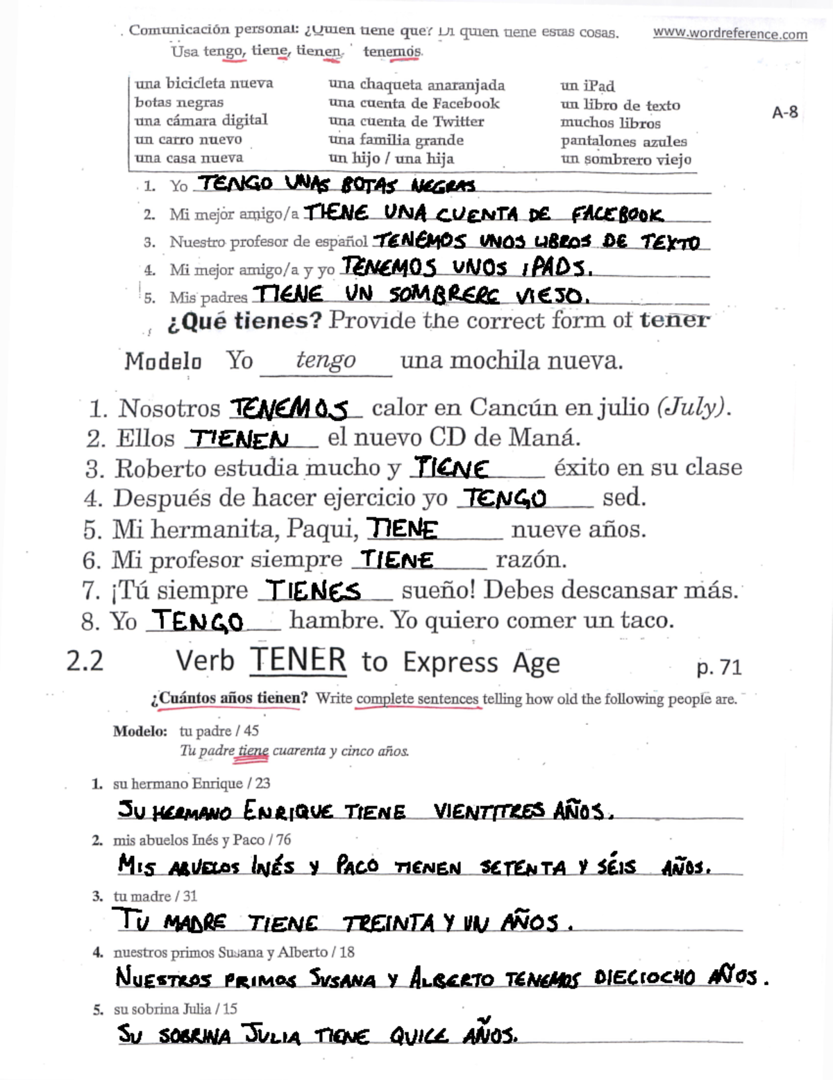 Spanish Chapter 2A Homework Part 2 - . Comunicaci6n peffional: elJuLerr ...