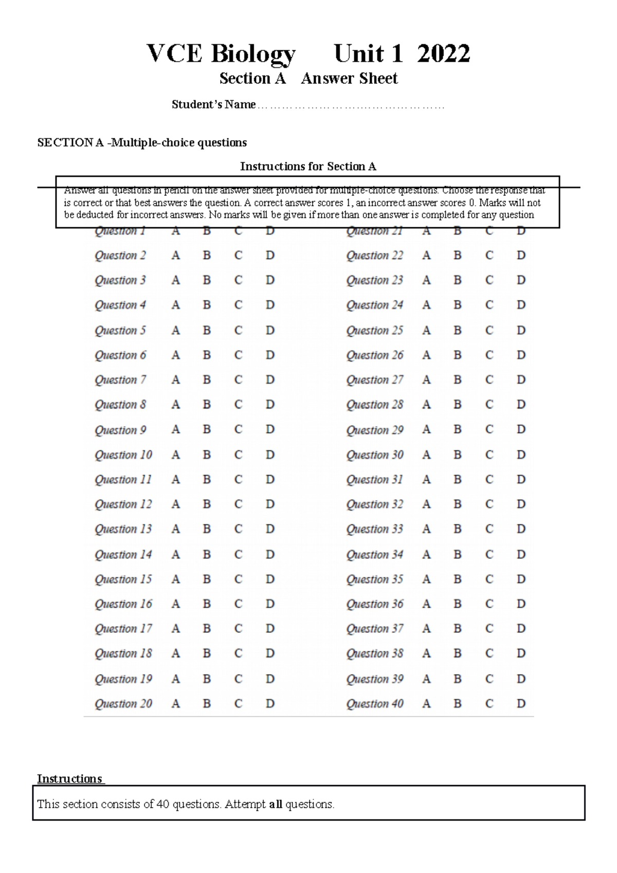 Unit 1 Bio Practice Questions - VCE Biology Unit 1 2022 Section A ...