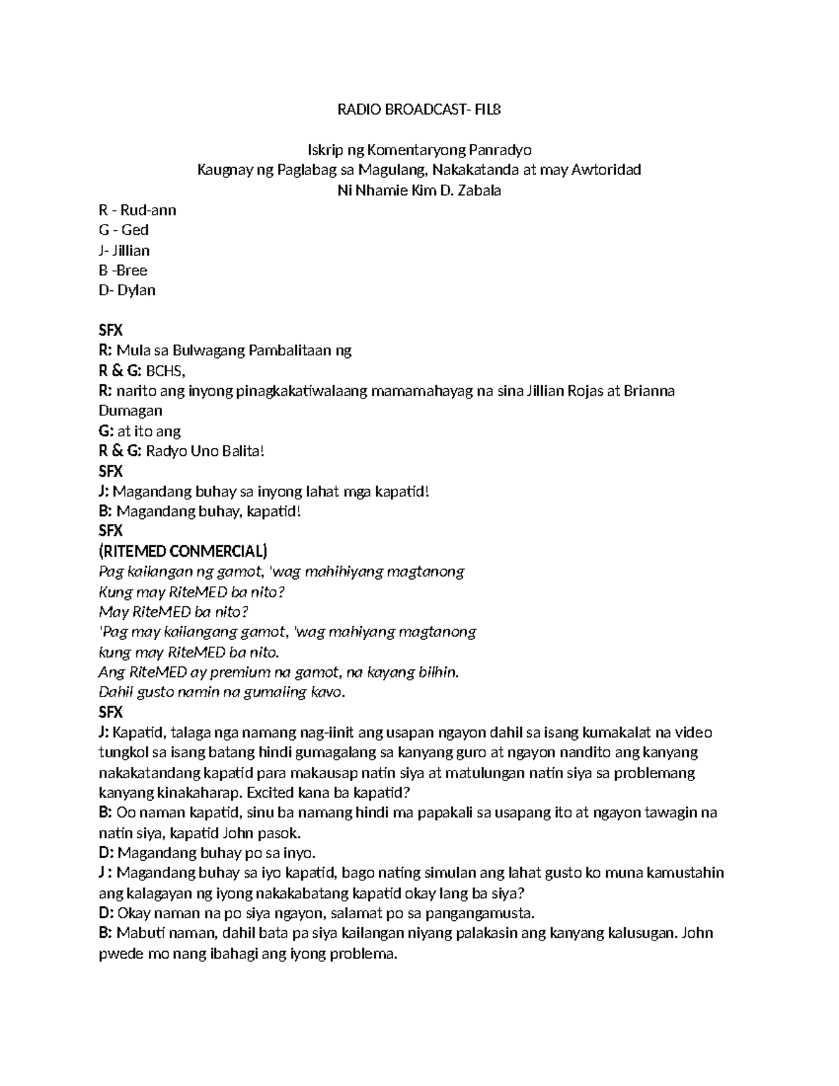 Radio Broadcasting Script - RADIO BROADCAST- FIL Iskrip ng Komentaryong ...