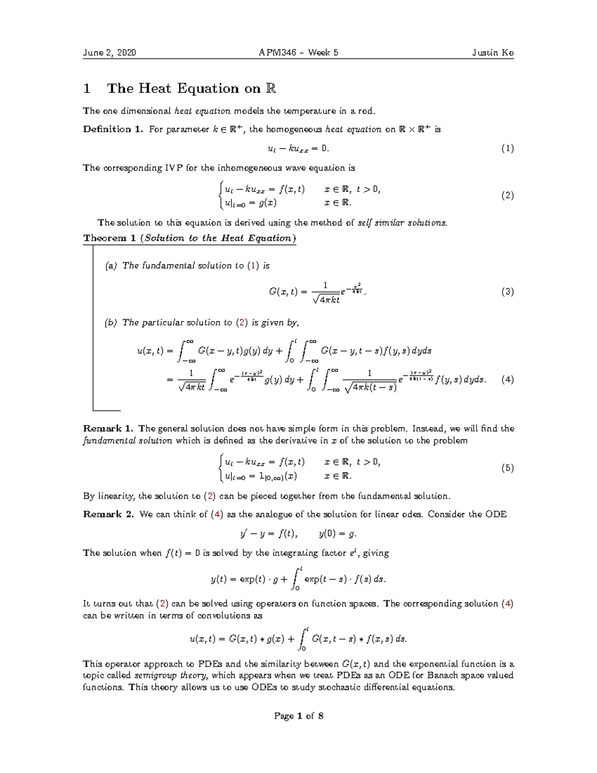 APM346 summary 5 2020 - Lecture notes 5 - 1 The Heat Equation on R The ...