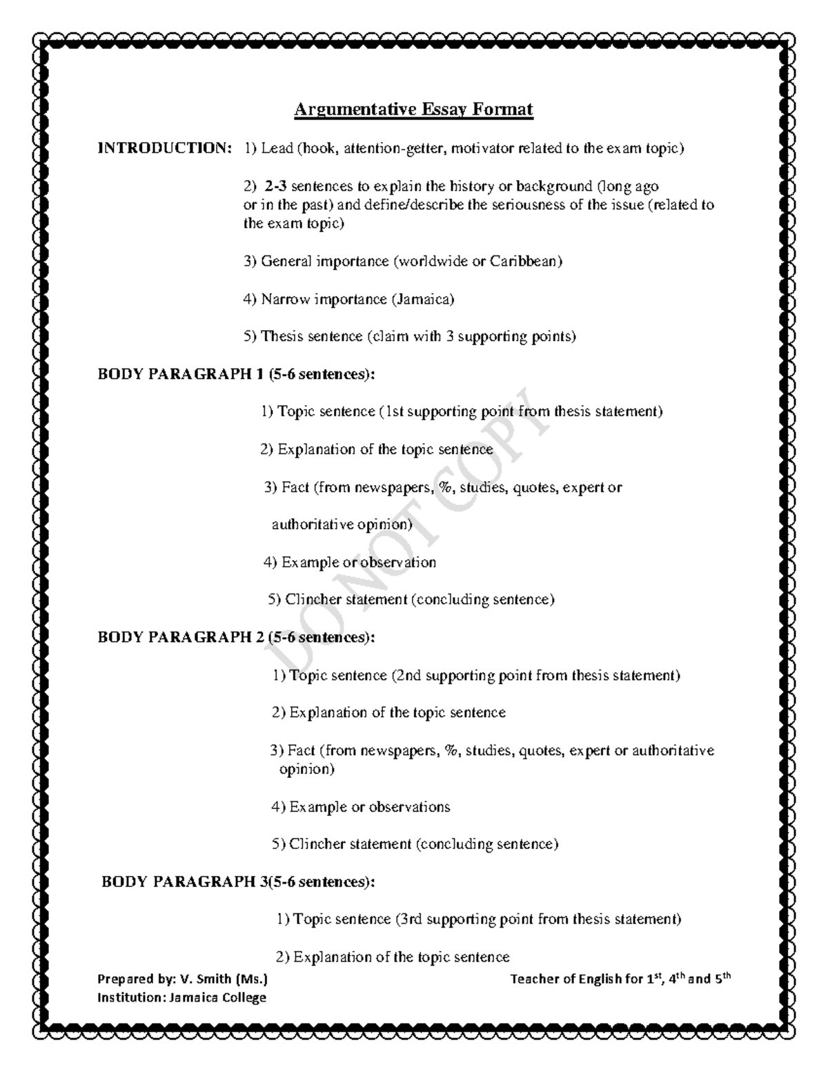 Argumentative Essay Format new - Prepared by: V. Smith (Ms.) Teacher of ...