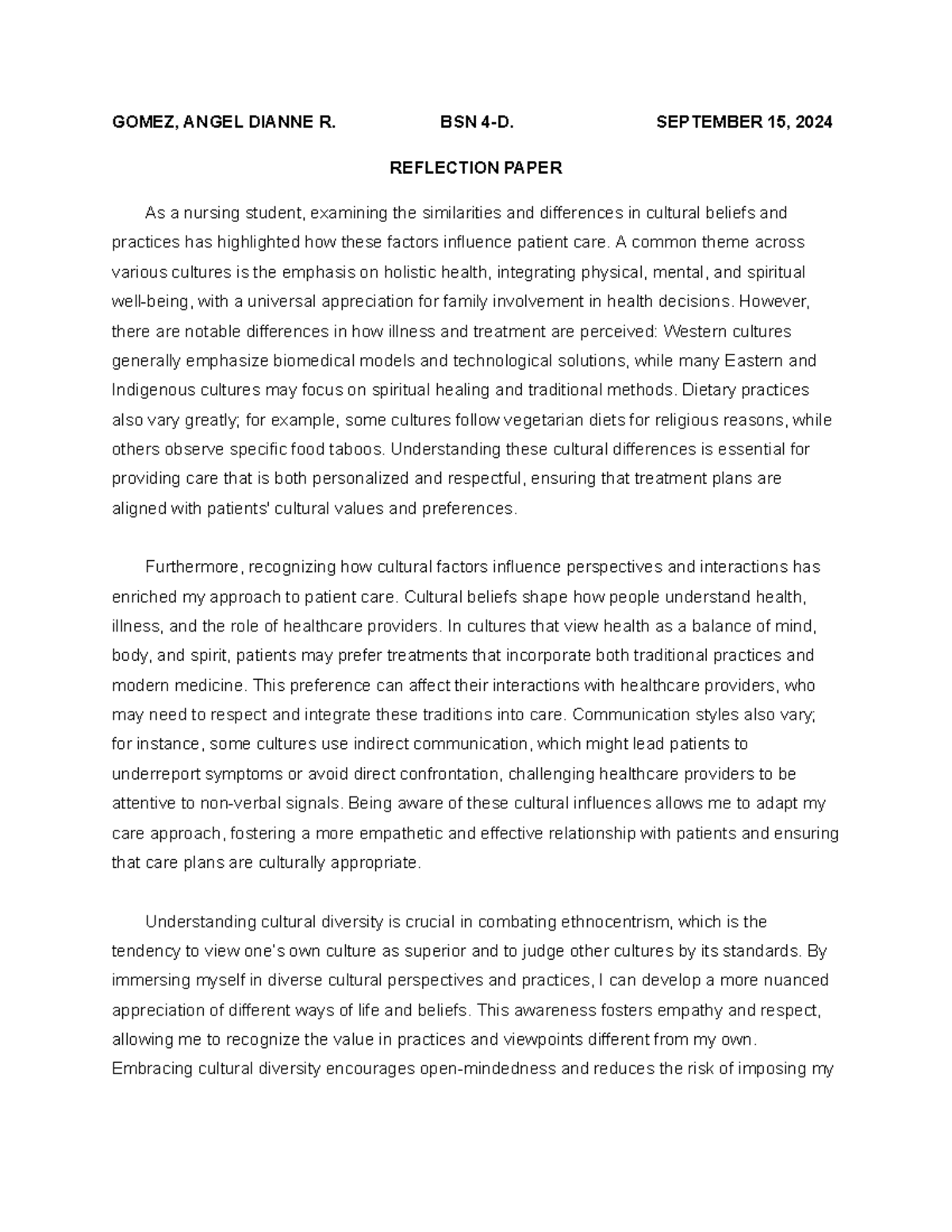 Gomez 4-D Reflection Paper M3 - GOMEZ, ANGEL DIANNE R. BSN 4-D ...