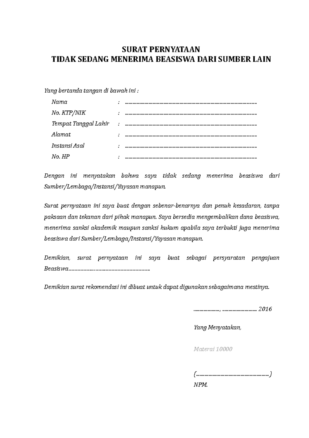 Contoh Surat Pernyataan Tidak Sedang Menerima Beasiswa Lain - SURAT ...