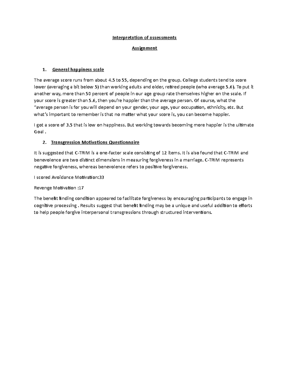 Document - Good - Interpretation of assessments Assignment General ...