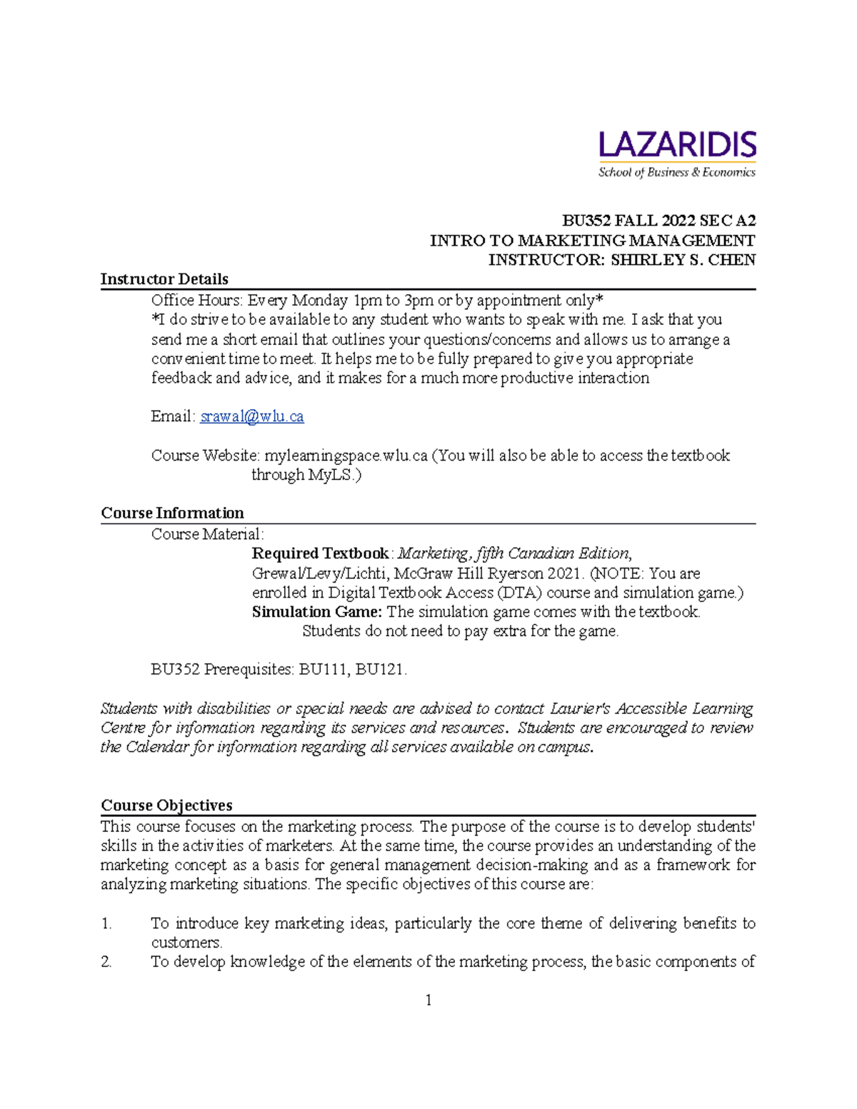 BU352 Course Outline - Saurabh Rawal A2 - BU352 FALL 2022 SEC A INTRO ...