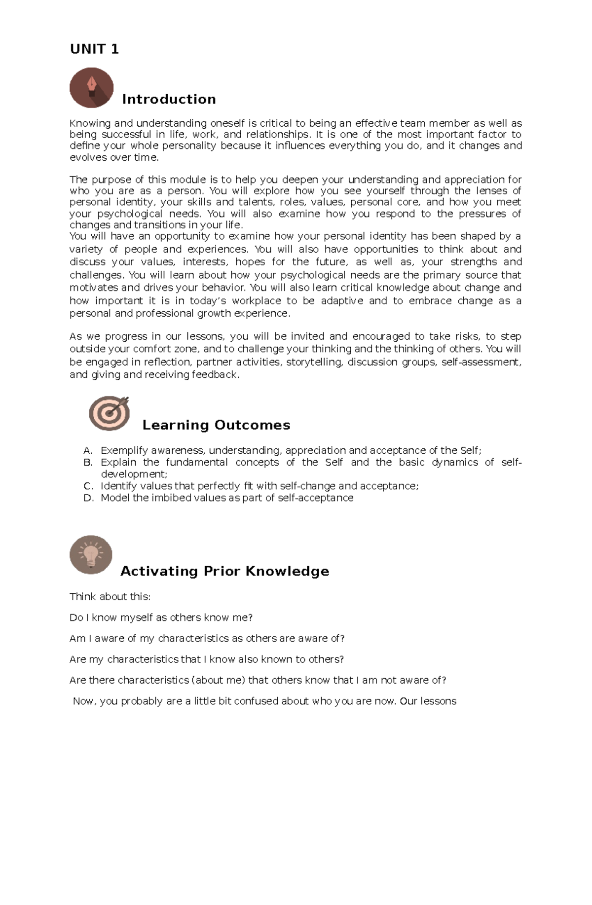 UNIT 1 Topic 1 - First Sem - UNIT 1 Introduction Knowing and ...