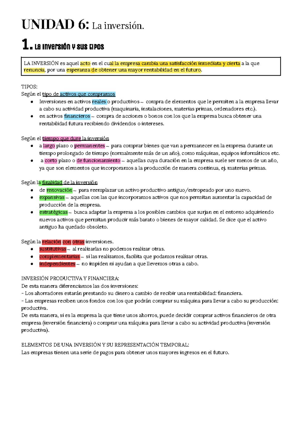 Unidad 6 La inversión - UNIDAD 6: La inversión. 1. La inversión y sus ...