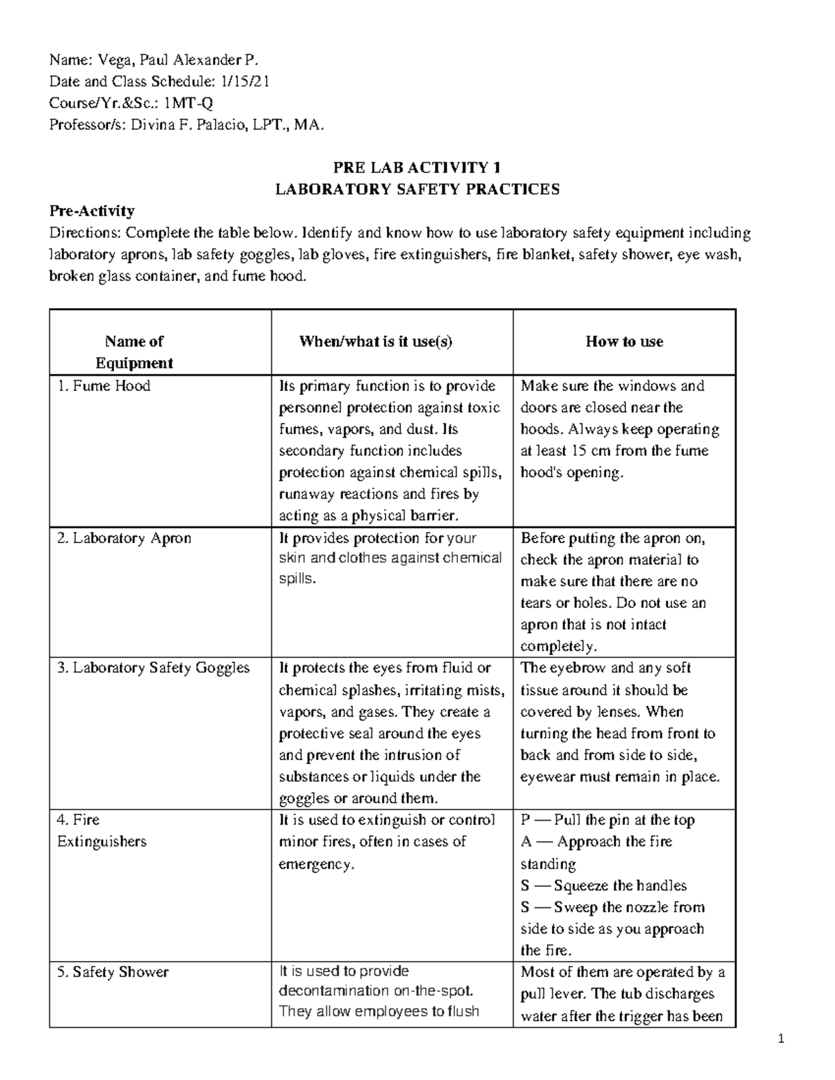 LAB SAFETY PRACTICES - 1 Name: Vega, Paul Alexander P. Date and Class ...