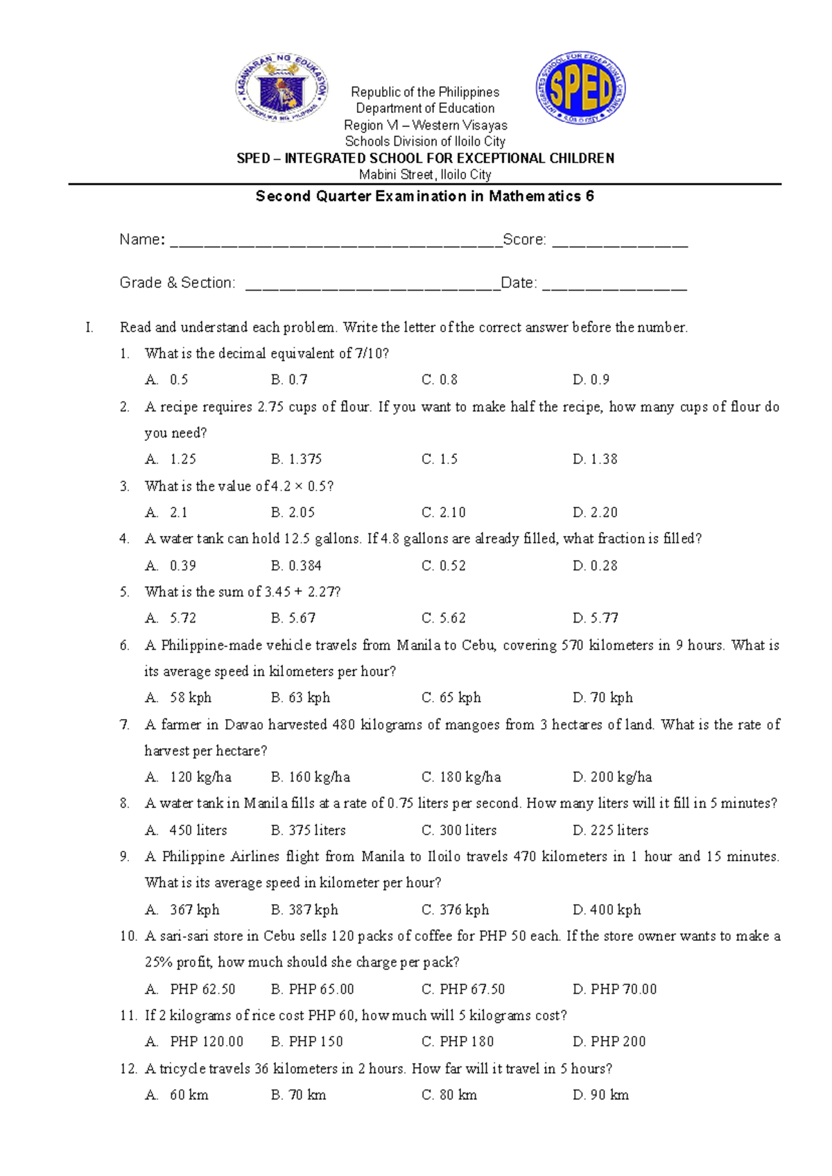 2nd PT in Math6 - test - Republic of the Philippines Department of ...