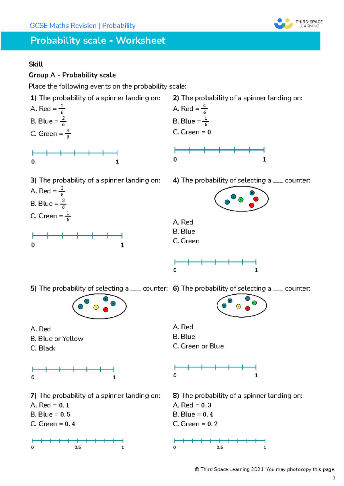 Third Space Learning Probability Scale GCSE Worksheet - Probability ...