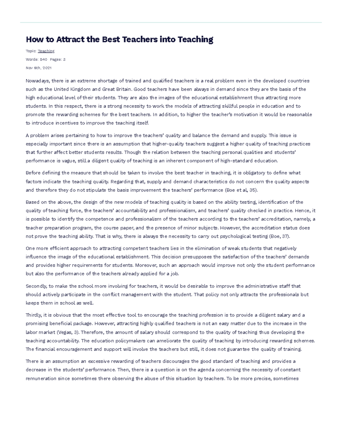 How to Attract the Best Teachers into Teaching Free Essay Example - How ...