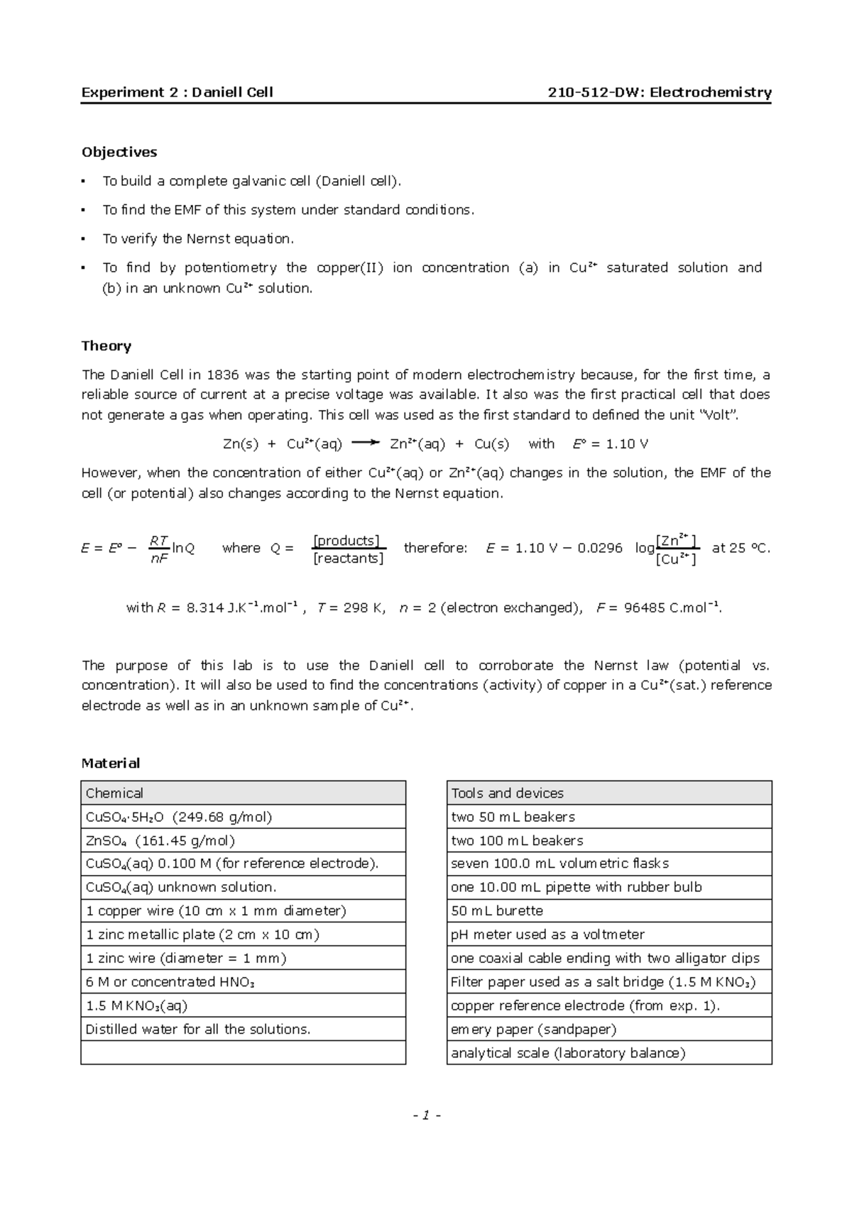 2-Daniell cell - Experiment 2 : Daniell Cell 210-512-DW: Electrochemistry Objectives To build a ...