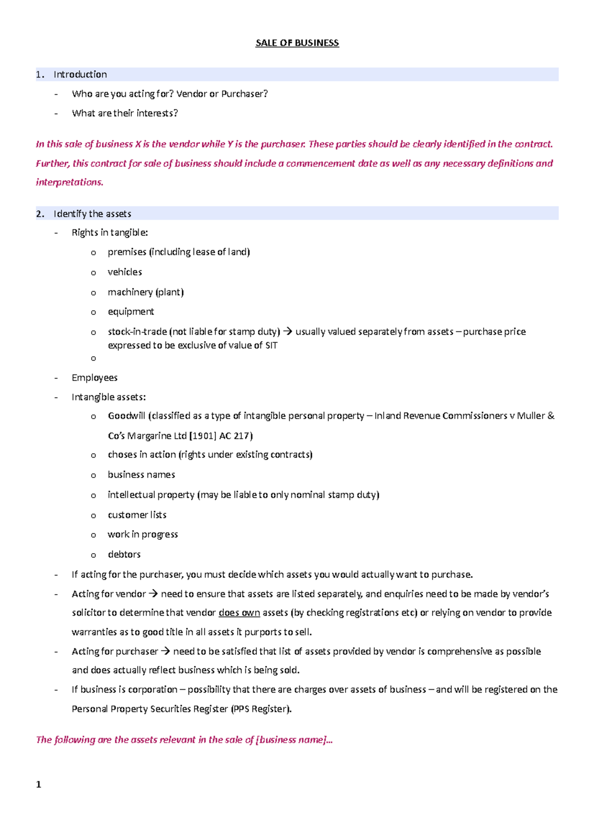 Sale-of-Business-Exam-Scaffold - SALE OF BUSINESS 1. Introduction - Who ...