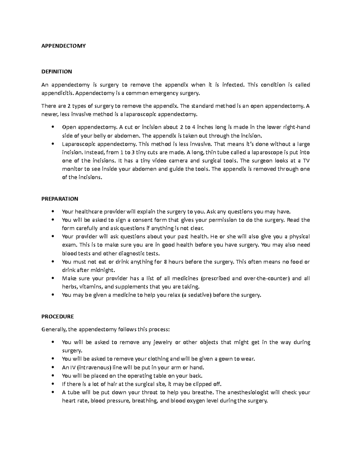 Appendectomy - notes - APPENDECTOMY DEFINITION An appendectomy is ...