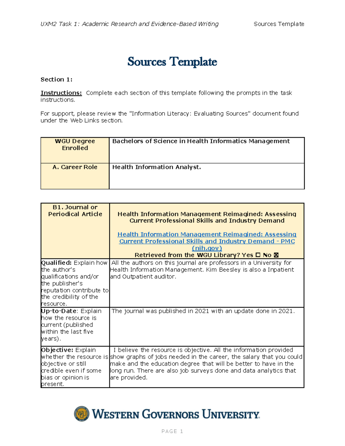 Academic research evidence based writing - Sources Template Section 1 ...