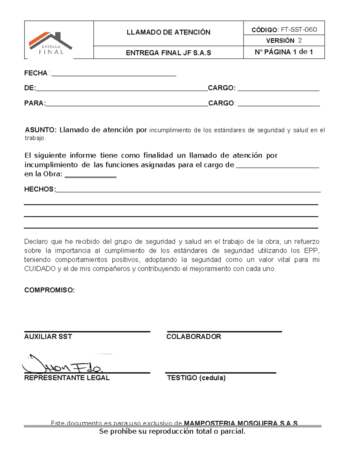 Llamado DE Atencion - formato - LLAMADO DE ATENCIÓN CÓDIGO : FT-SST ...