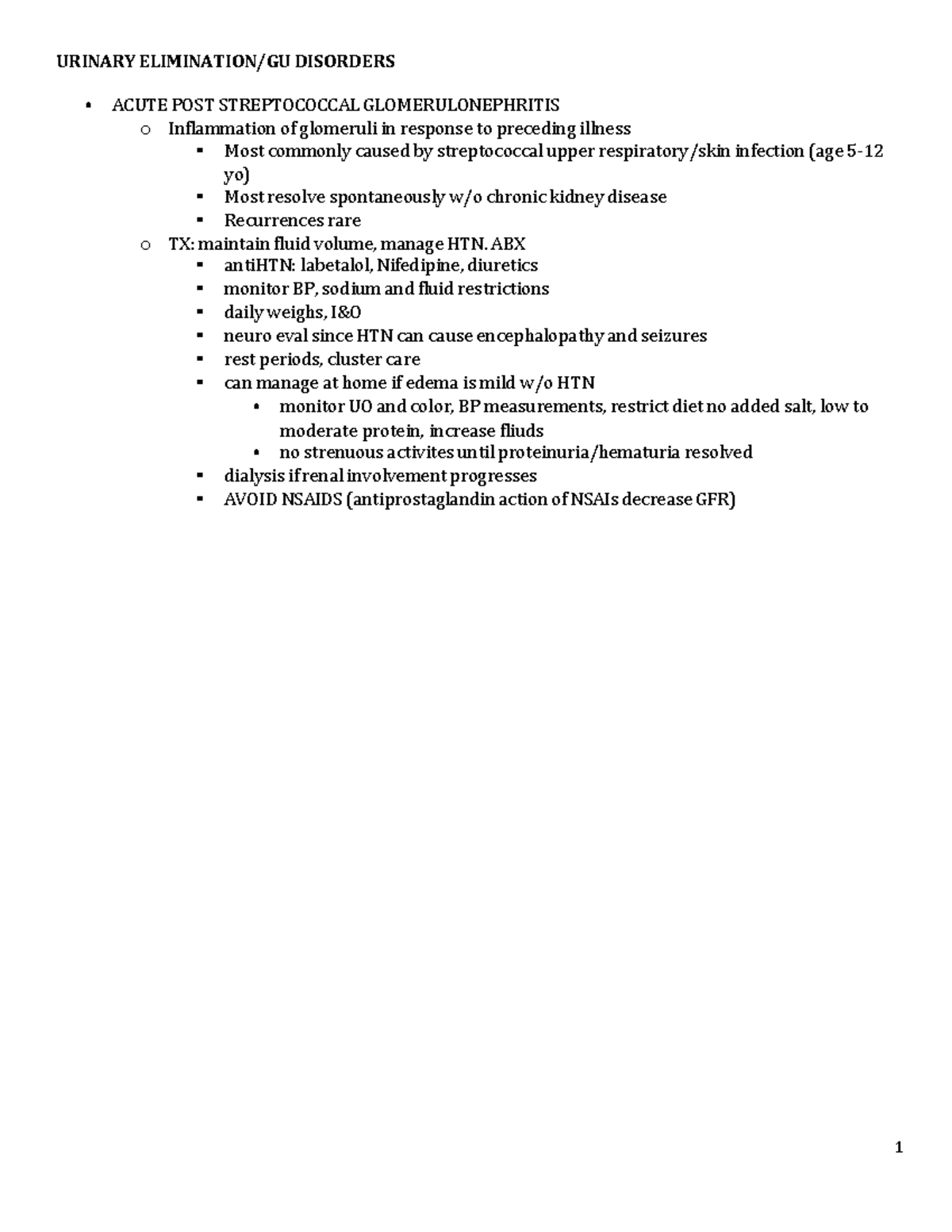 Urinary Elimination - URINARY ELIMINATION/GU DISORDERS • ACUTE POST ...