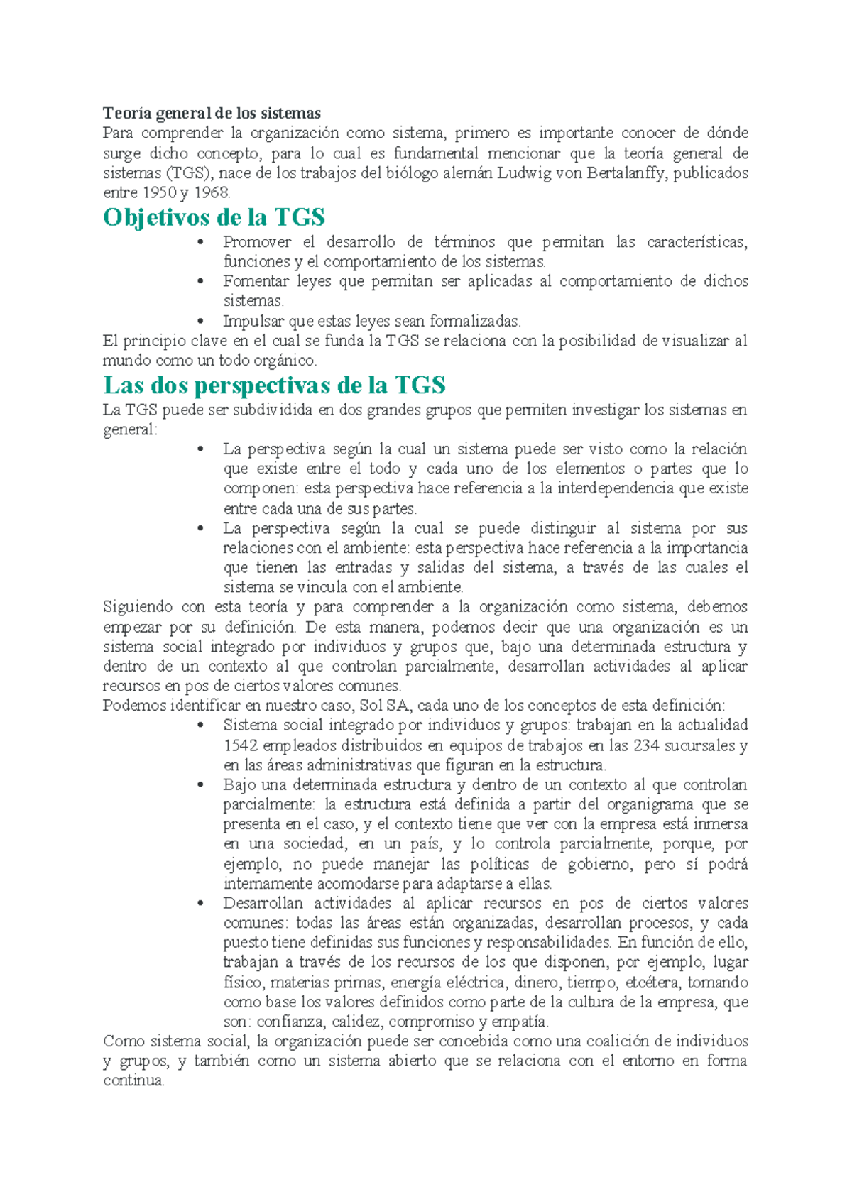 Resumen SIO mod 1 - Teoría general de los sistemas Para comprender la organización como sistema ...