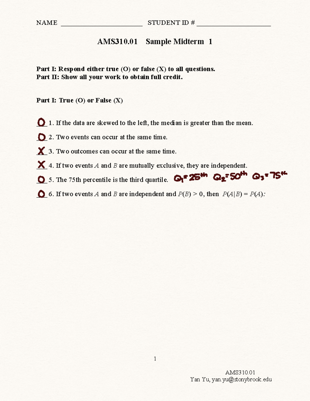Sample Midterm 1 - NAME _______________________ STUDENT ID ...