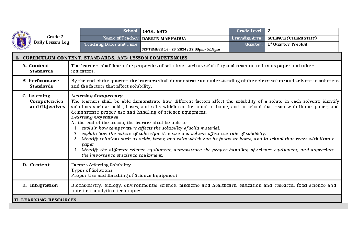 DLL Matatag Science 7 Q1 W8 - Grade 7 Daily Lesson Log School: OPOL ...