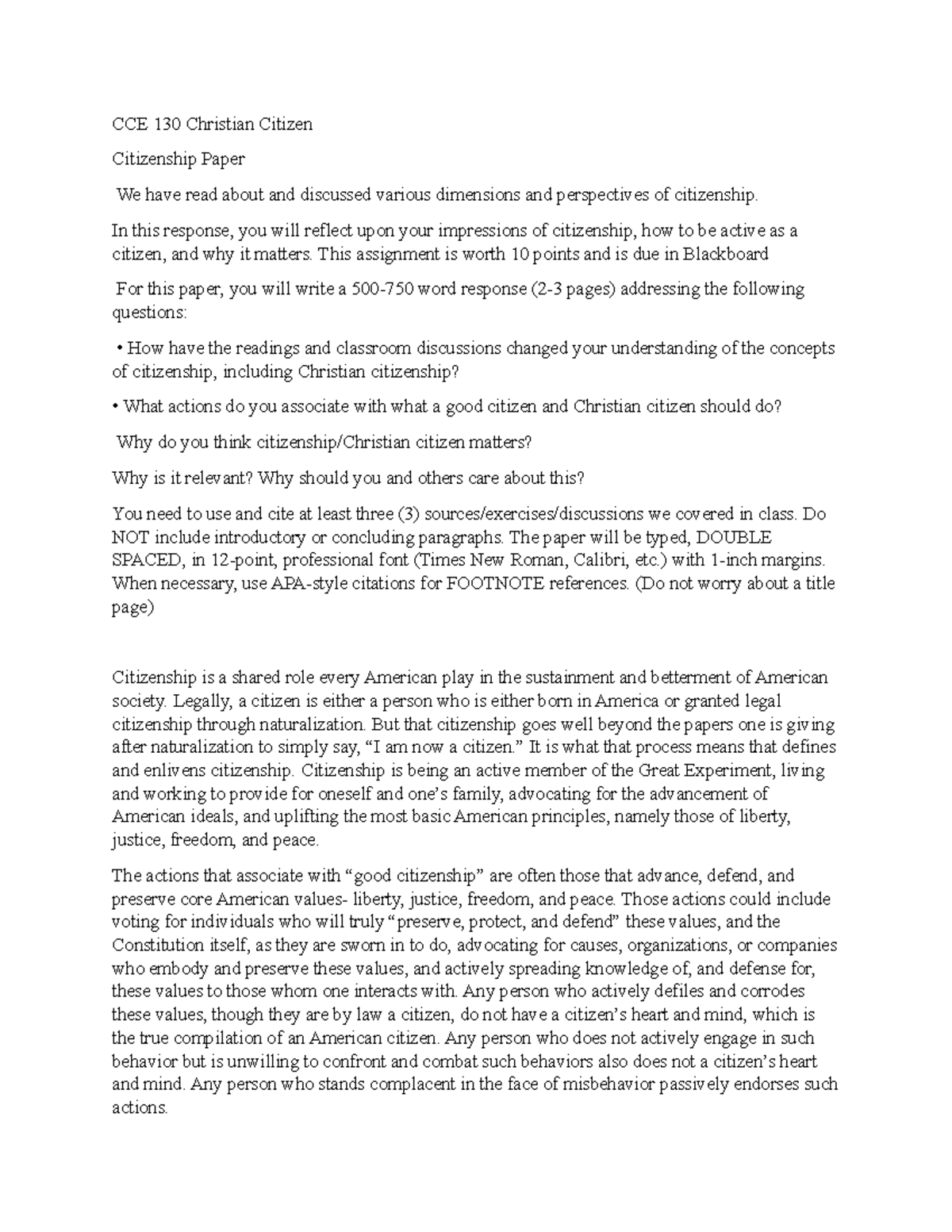CCE 130 citizen paper - This essay was meant for the student to provide ...