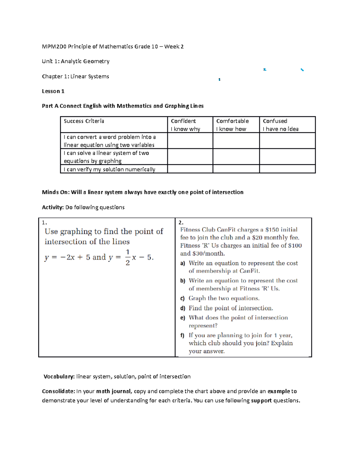 Lesson 1 - MPM2D0 Principle of Mathematics Grade 10 – Week 2 Unit 1 ...