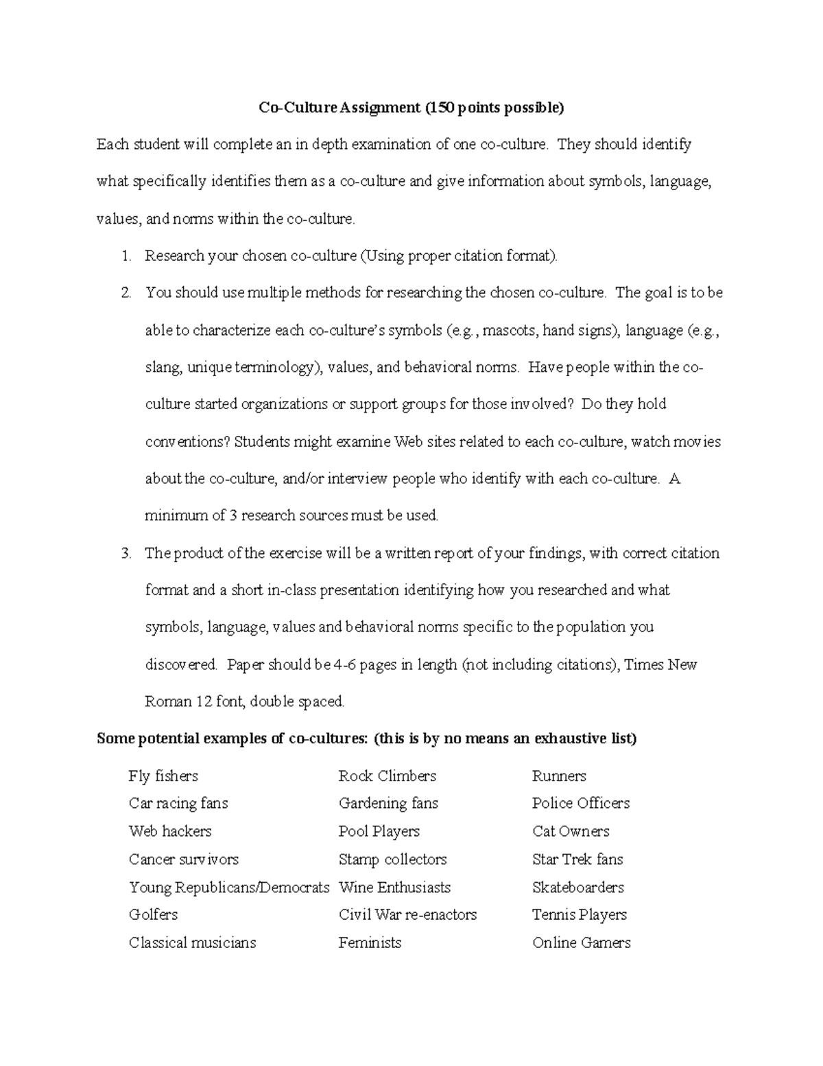 Co Culture Paper - Co-Culture Assignment (150 points possible) Each ...